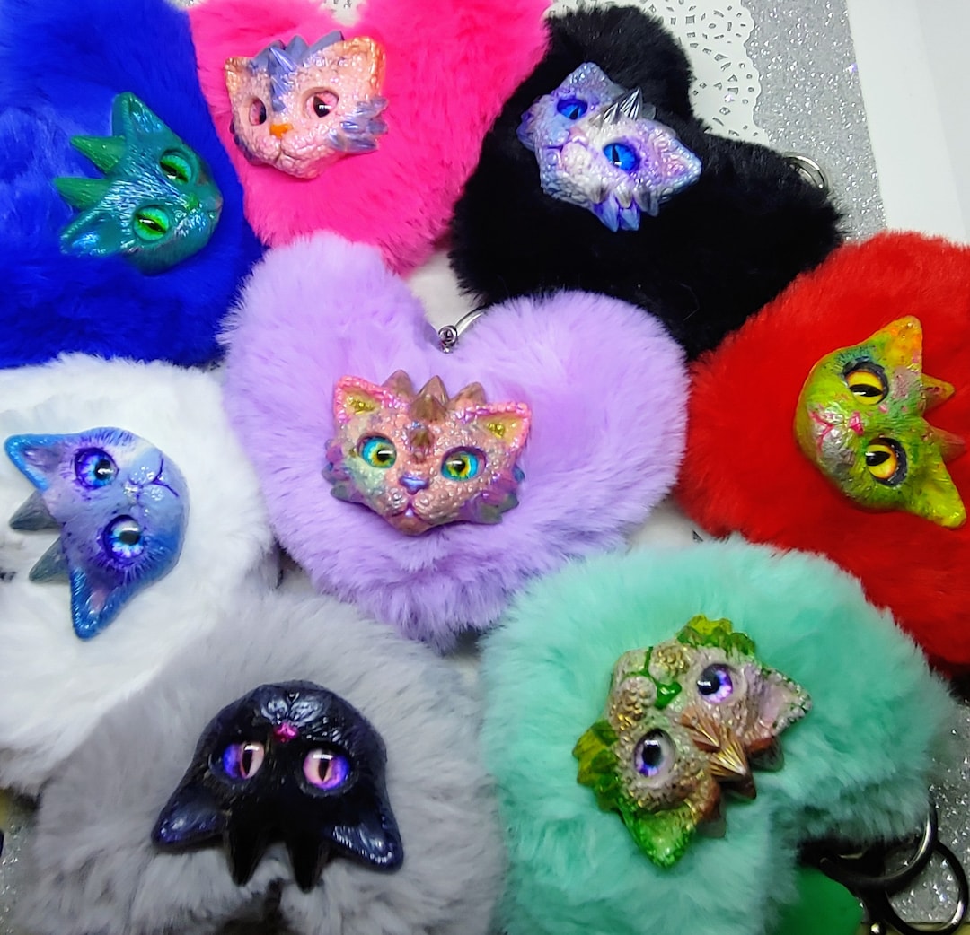 Demon Cat Faux Fur Pom Pom Keychains, Cat With Horns and Three Eyes ...