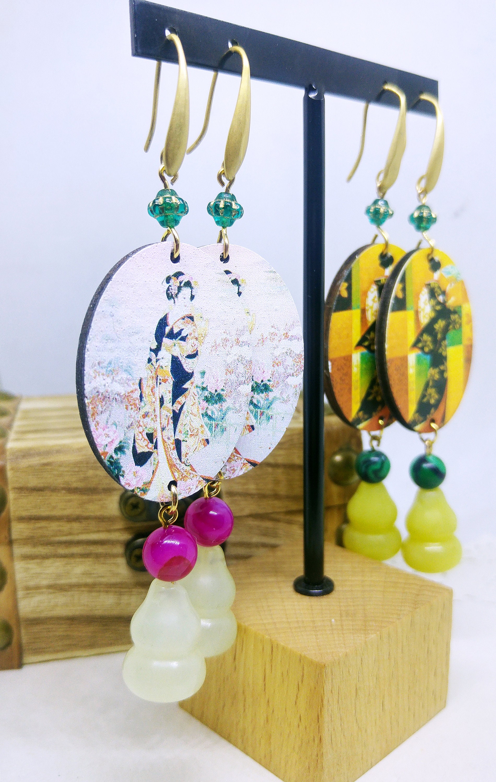 Japanese style painted wood oval earrings with natural stones | Etsy