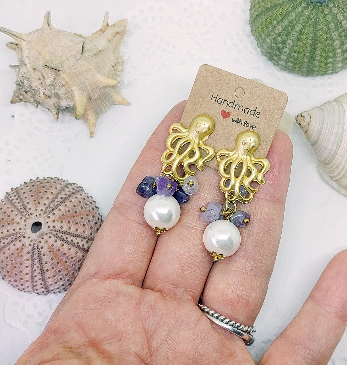 Golden octopus cluster earrings with amethist chip beads and | Etsy