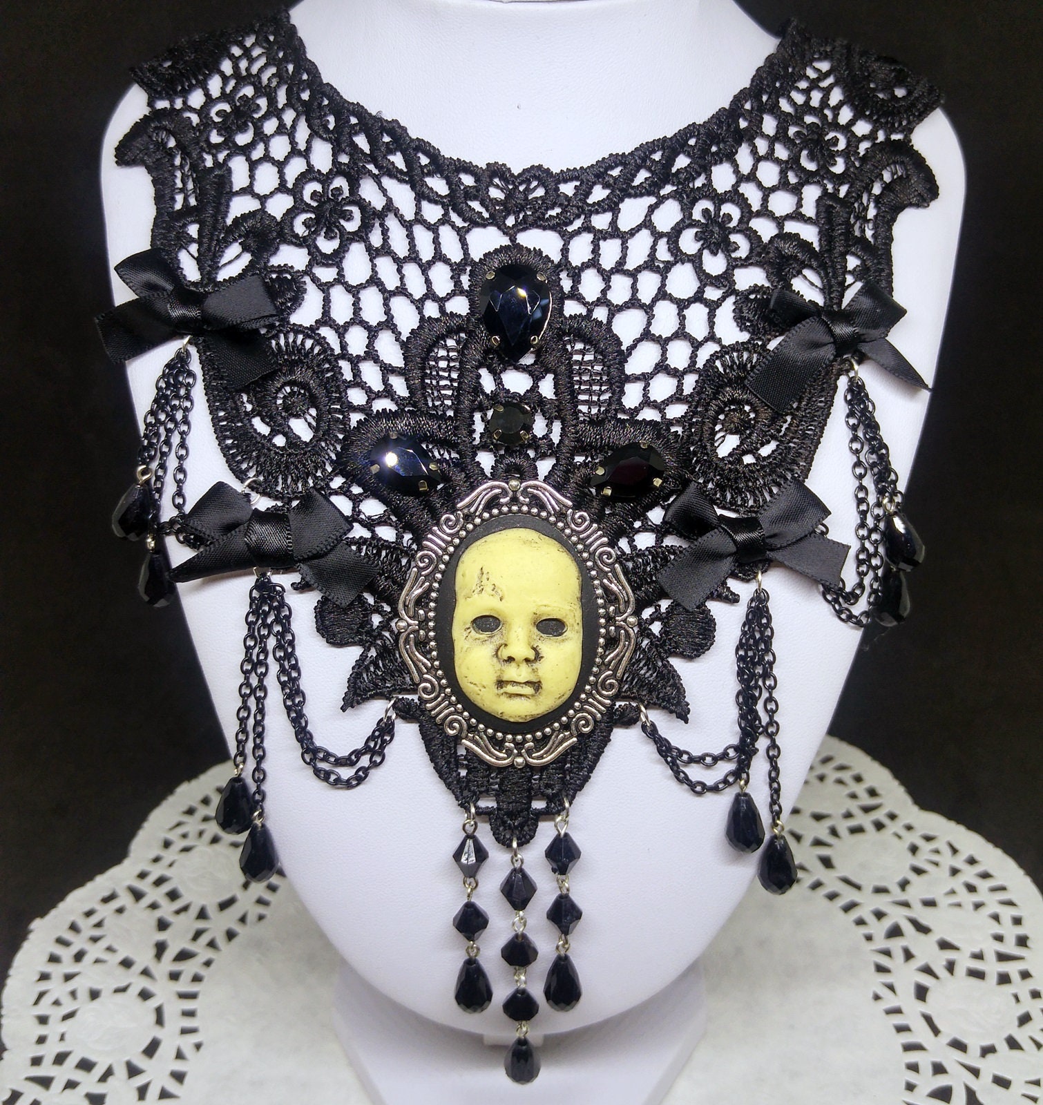 Victorian Gothic Black Lace Choker With Scary Doll Face Cameo - Etsy
