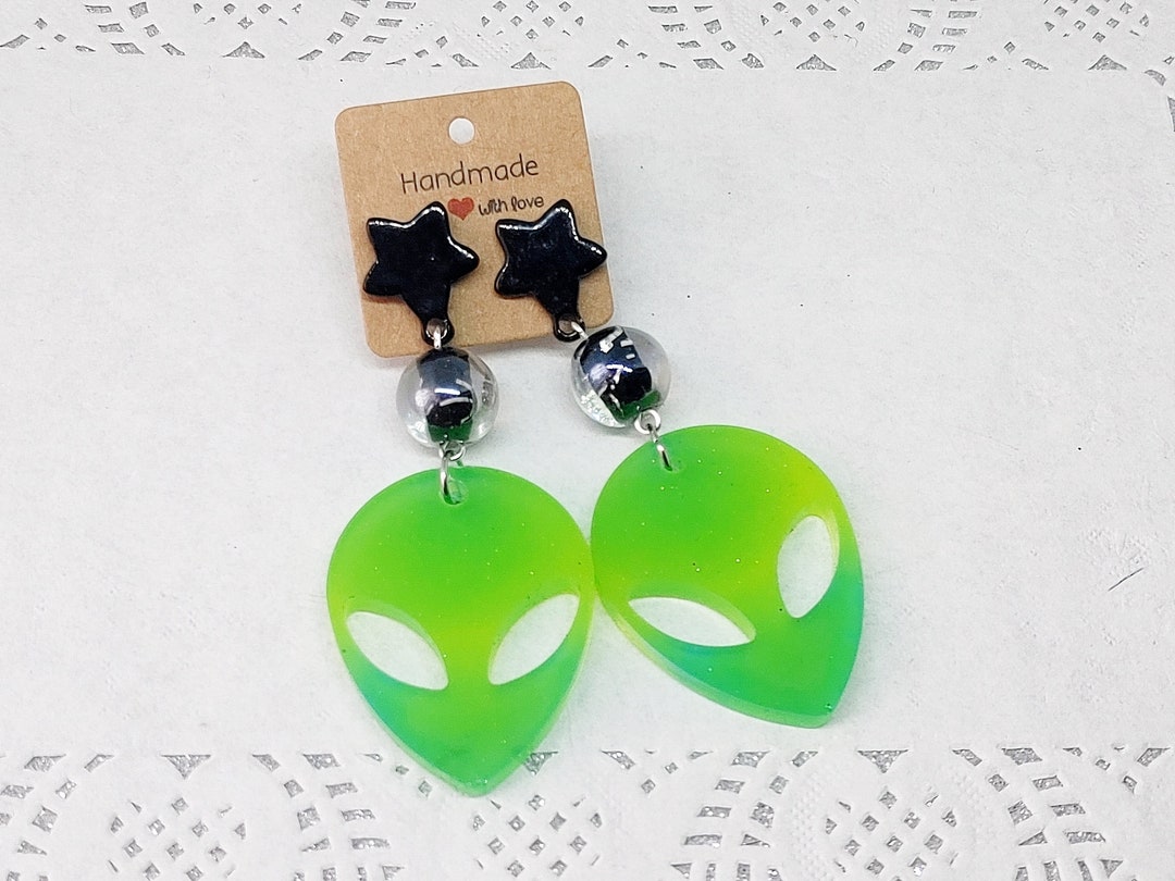 Gradient Green and Blue Alien Head Earrings, Glow in the Dark Resin ...