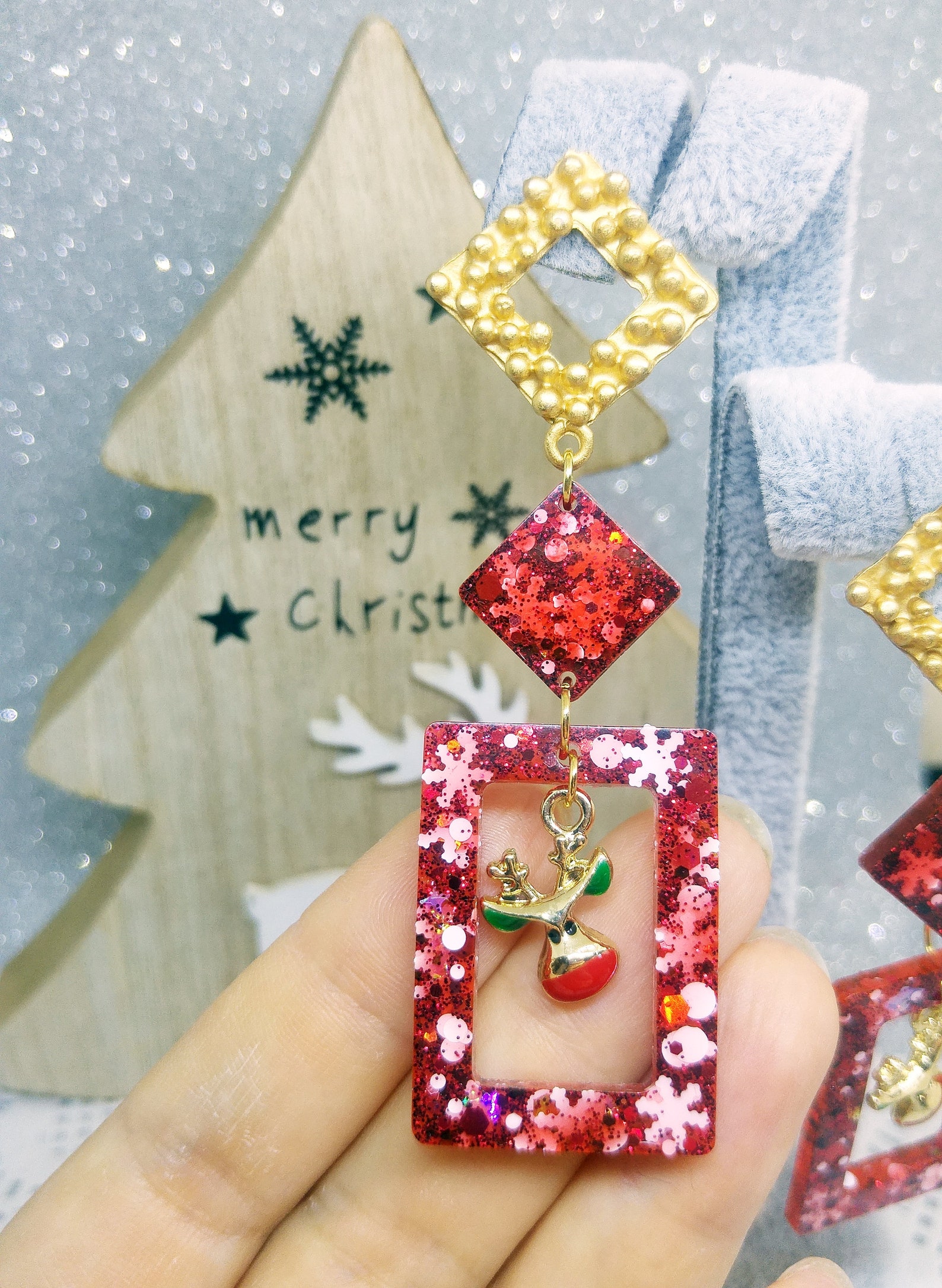 Red Christmas Resin Earrings With Rudolph the Red Nose Reindeer ...