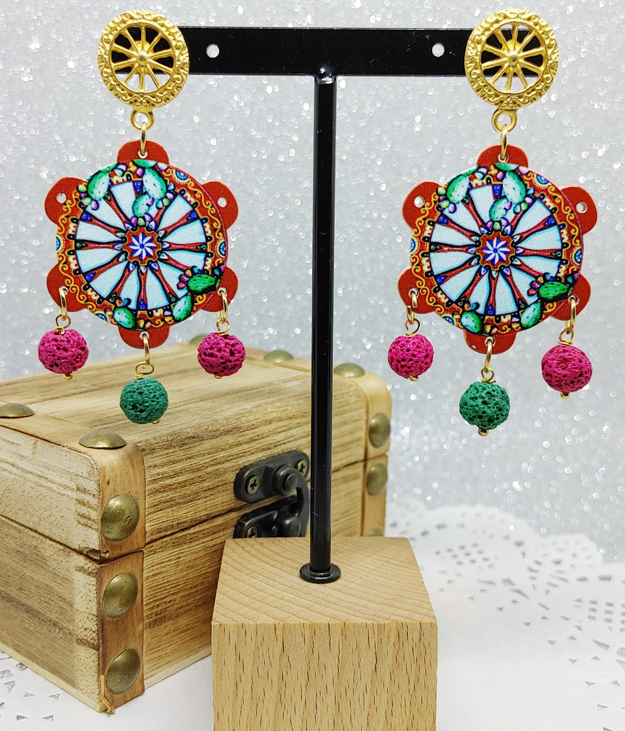 Sicilian Cart Wheel Earrings With Golden Color Studs and Lava | Etsy