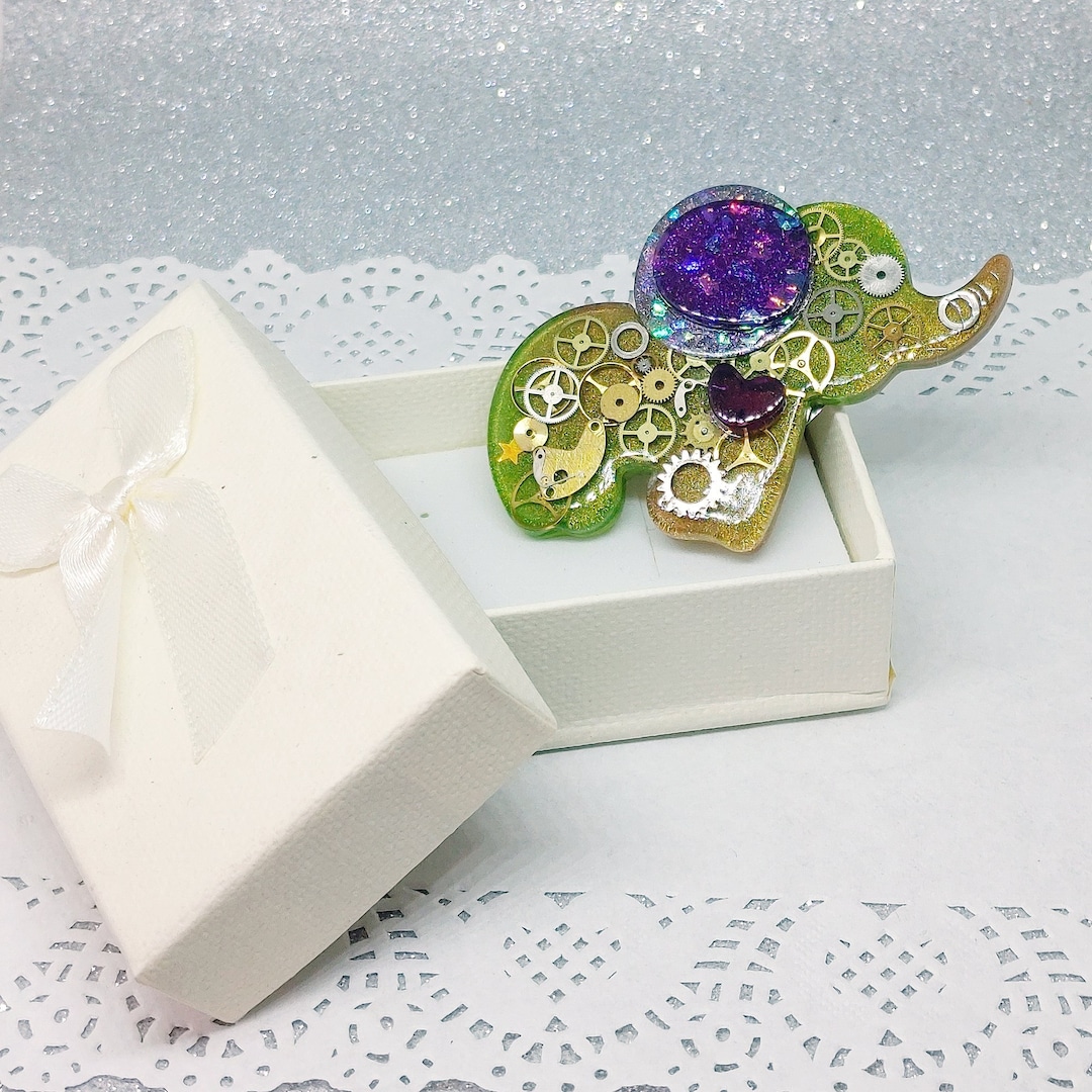 Steampunk Style Chubby Elephant Brooch - Green and Golden Resin With ...