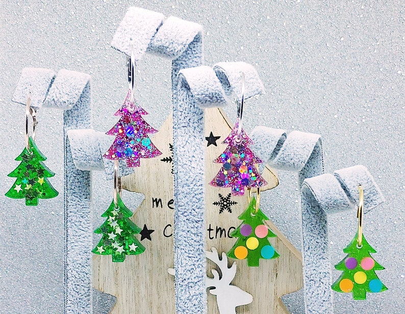 Christmas Tree Epoxy Resin Hoop Earrings Colorful Xmas - Etsy