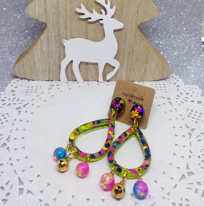 Green Crystal Resin Christmas Earrings With Rainbow Glitters | Etsy