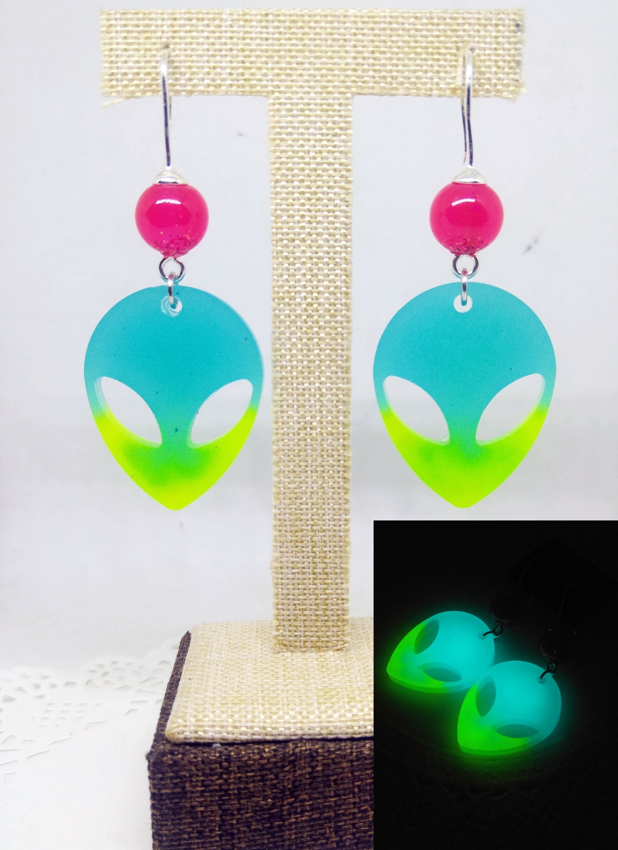 Alien Head Glow in the Dark Earrings Resin Blue and Yellow | Etsy