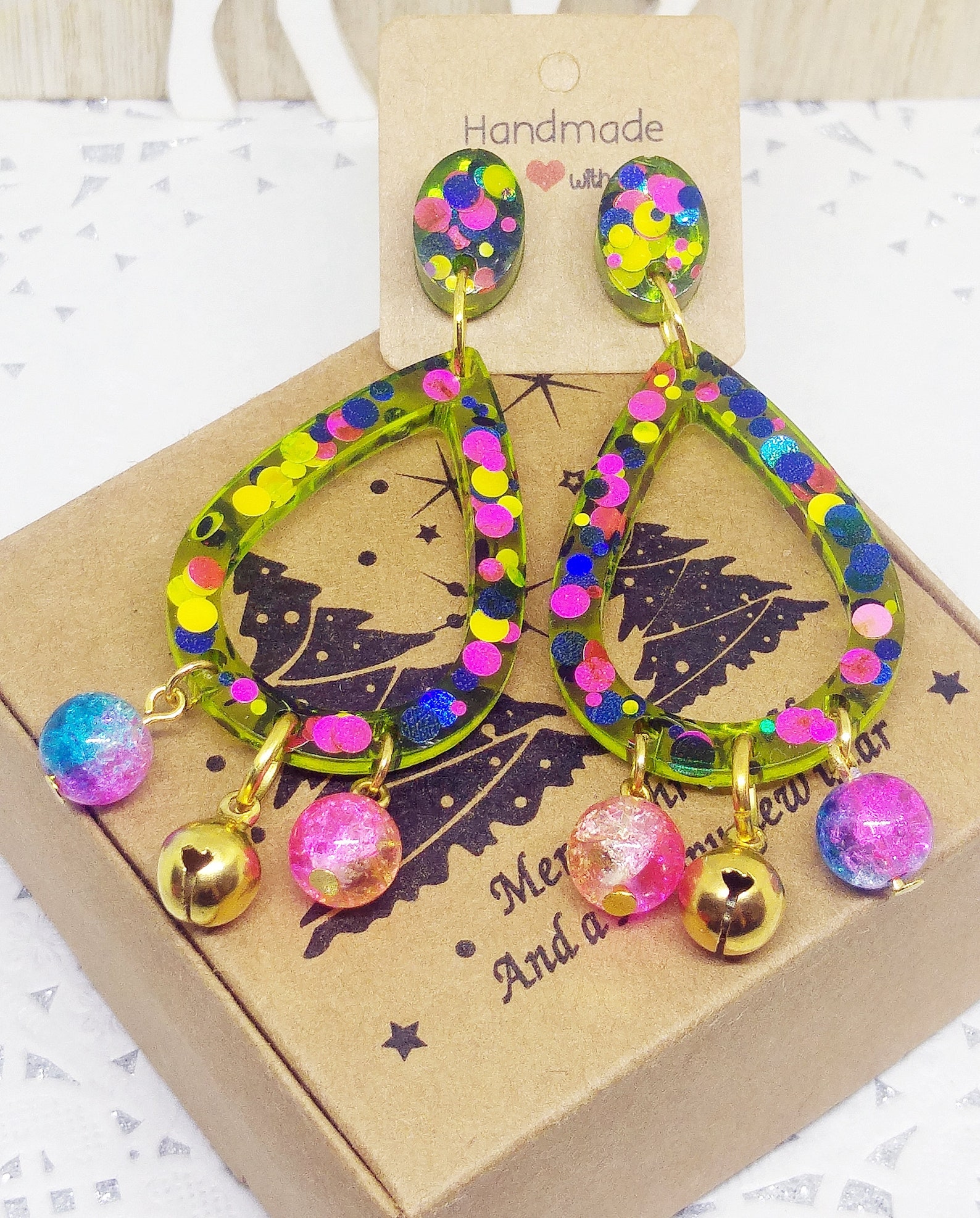 Green Crystal Resin Christmas Earrings With Rainbow Glitters - Etsy