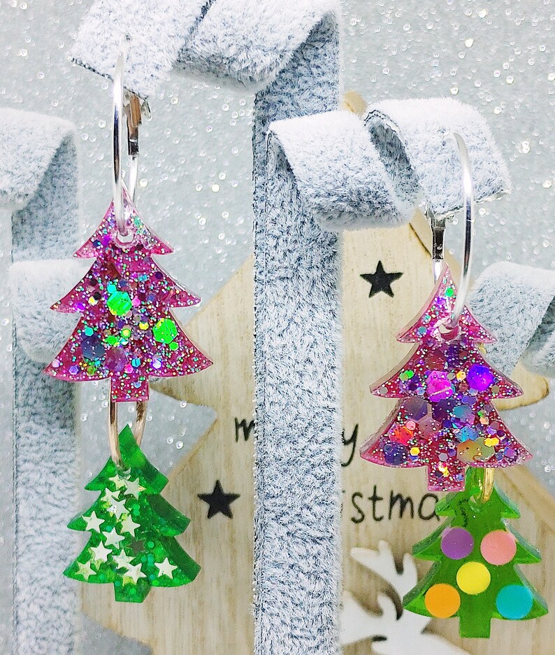 Christmas Tree Epoxy Resin Hoop Earrings Colorful Xmas - Etsy