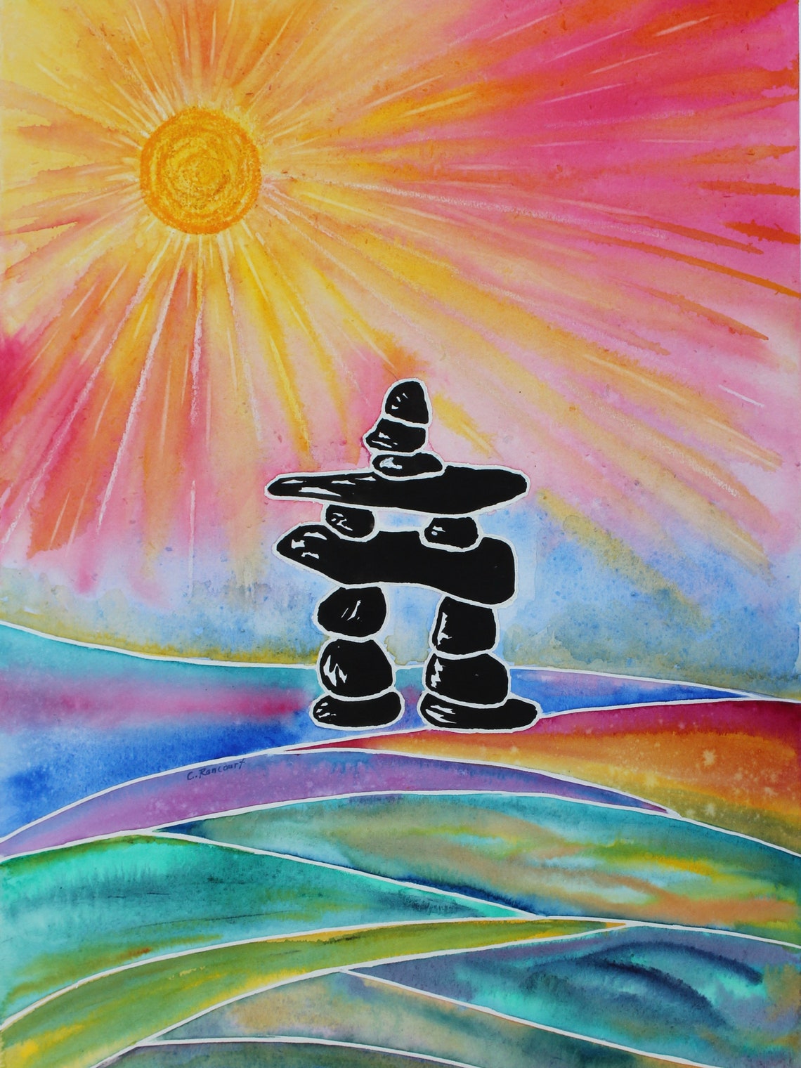 Original Inuksuk Watercolour in Rainbow Colours, Indigenous, Eskimo ...