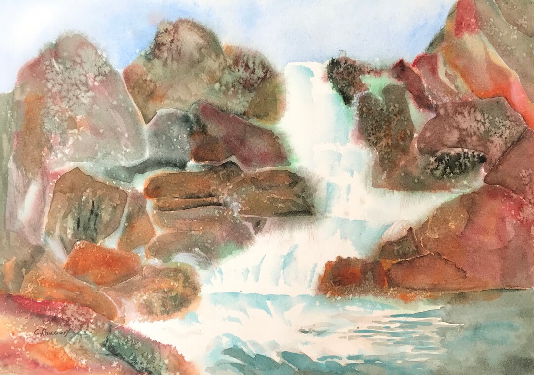 Rocky Waterfall Original Watercolour, Scenic Waterfall, Natural ...