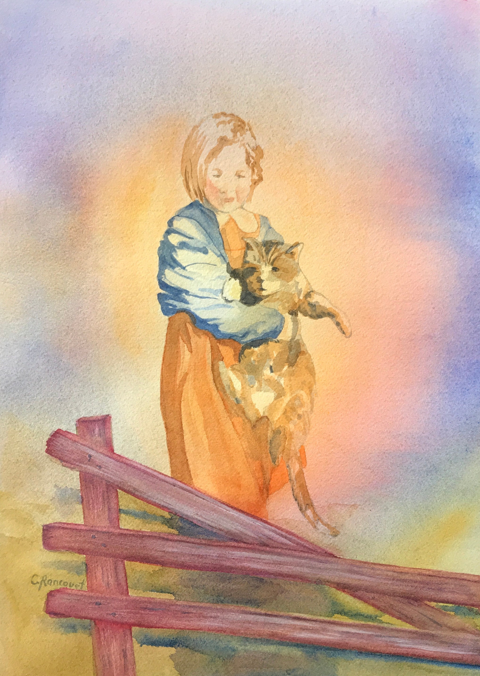 Country Girl and Cat Original Painting, Big Cat Farm Scene, Calico Cat ...