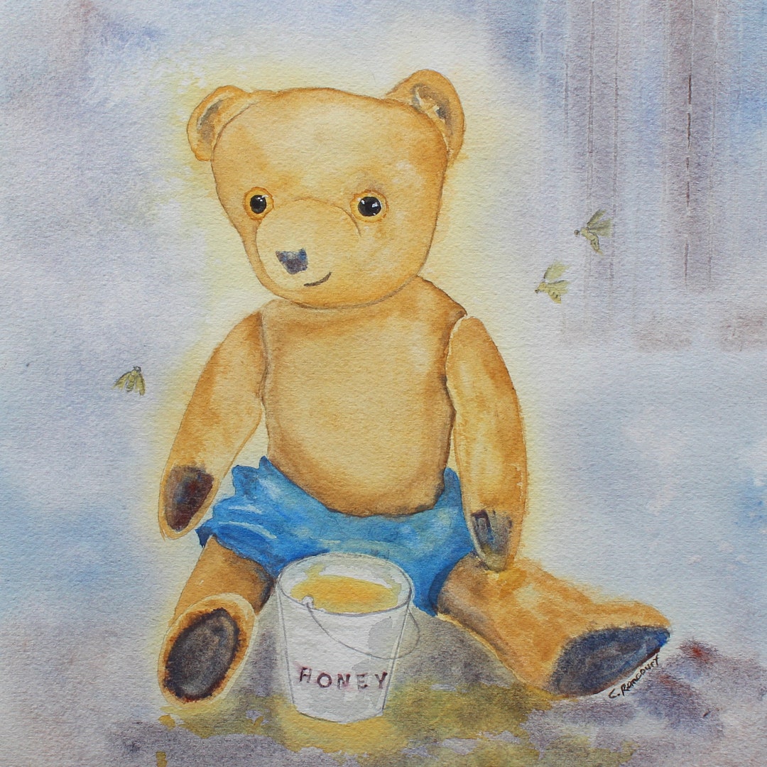 Vintage Teddy Bear and Honey Pot Original Watercolour, Honey Bee ...