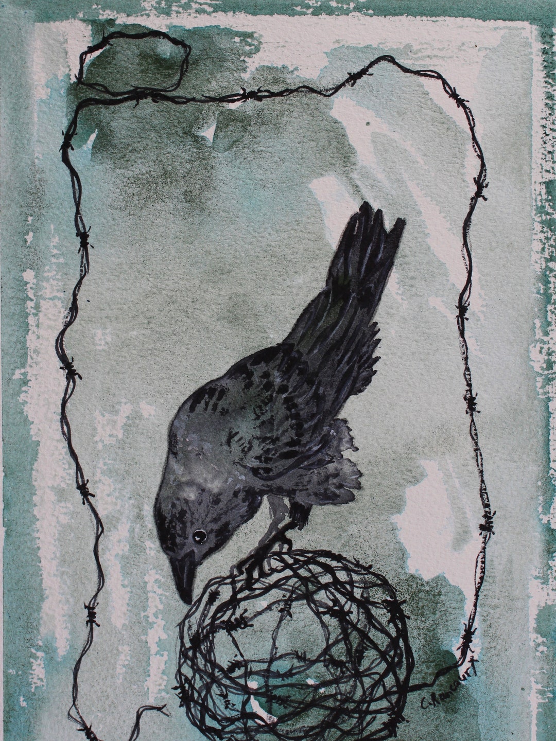 Quirky Raven on Barbed Wire Ball Original Watercolour, Black Bird ...