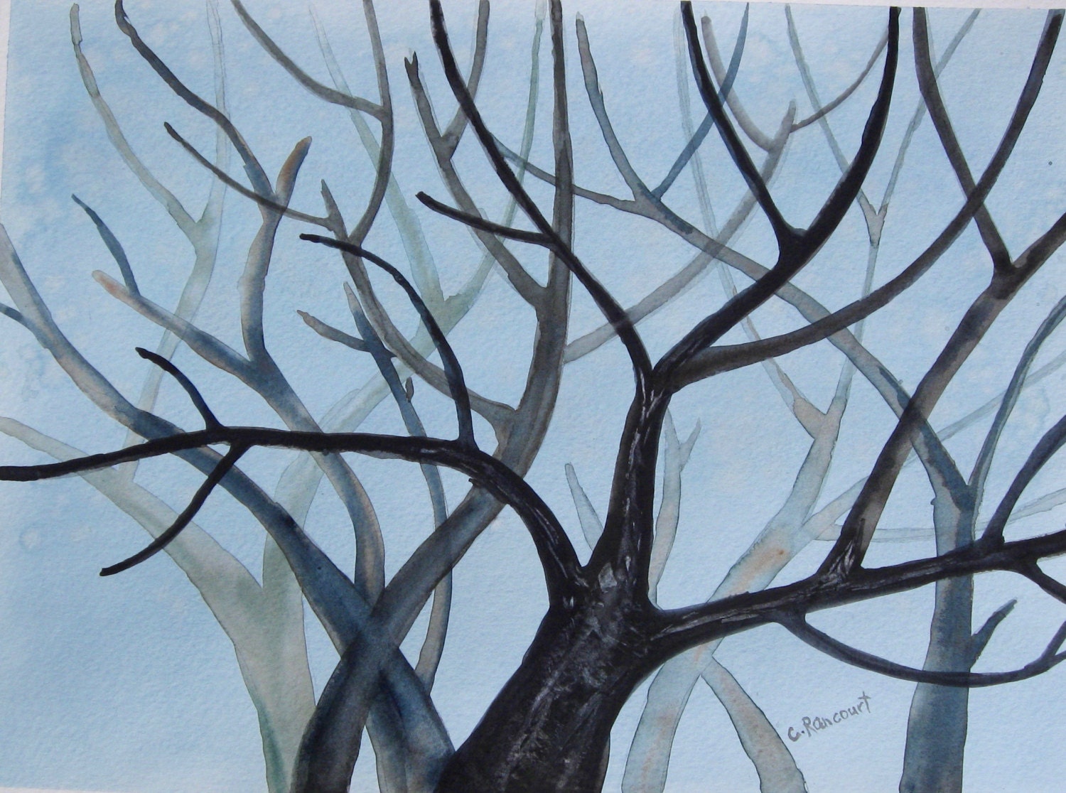 Minimalist Tree Original Watercolour, Blue Minimalist Art, Modern Tree ...
