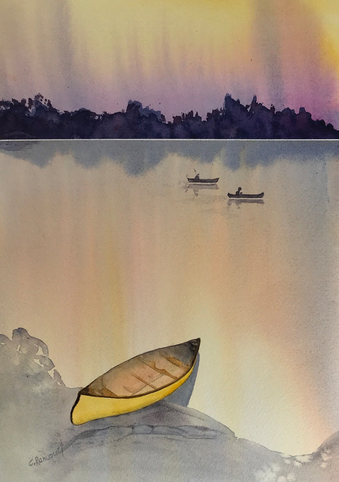 Yellow Canoe Original Watercolour, Pink Sunset on Water, Paddling ...