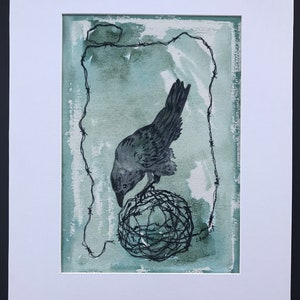 Quirky Raven on Barbed Wire Ball Original Watercolour, Black Bird ...