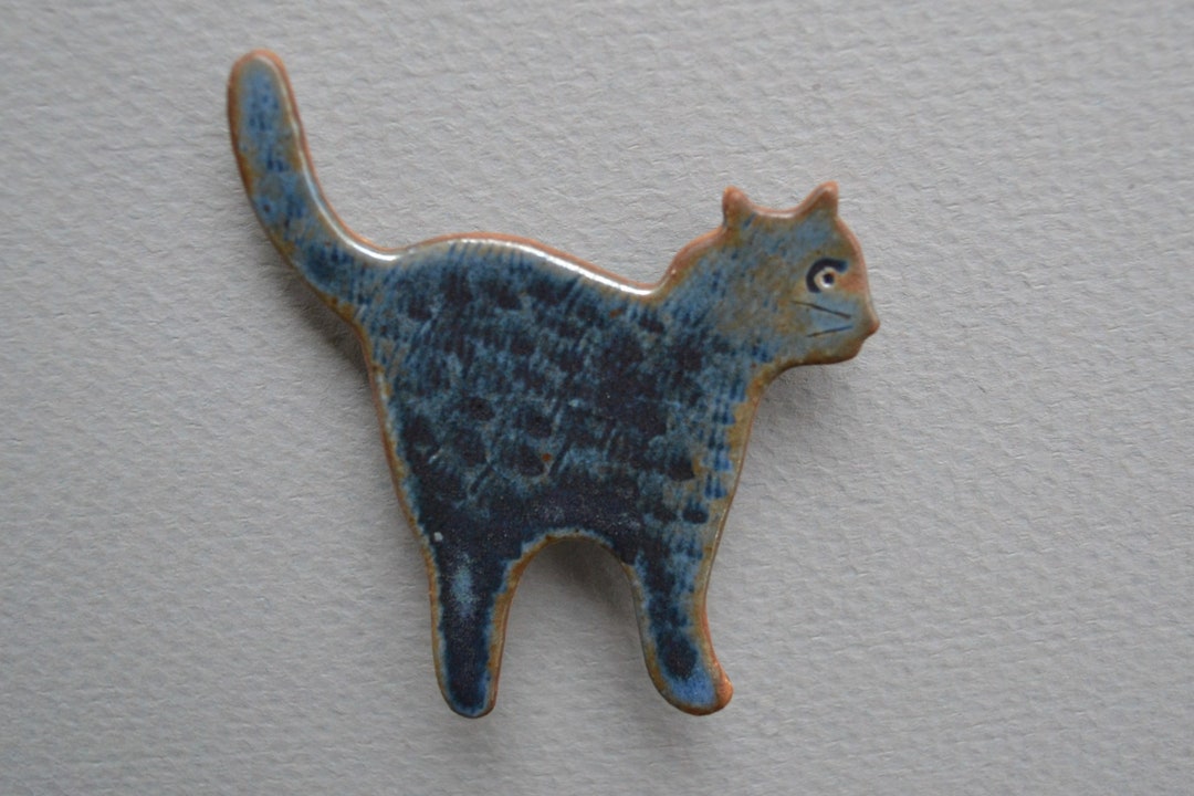 Blue Ceramic Cat Brooch Made From Stoneware Clay With Blue Satin Glaze ...