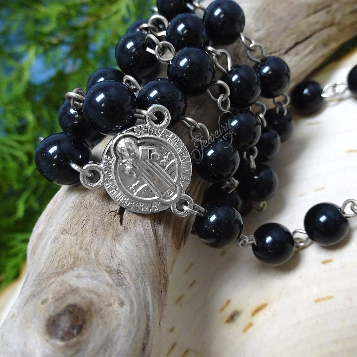 Extra Long Rosary Necklace With Black Plastic Beads & Silver Stainless ...