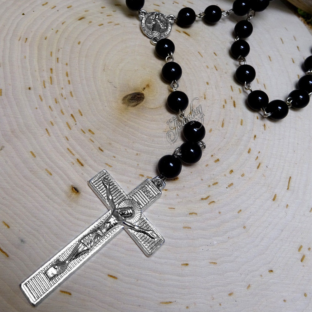 Extra Long Rosary Necklace With Black Plastic Beads & Silver Stainless ...