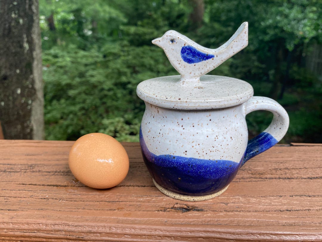 Microwave Pottery Egg Cooker, Bird on Lid, Speckled White and Blue - Etsy