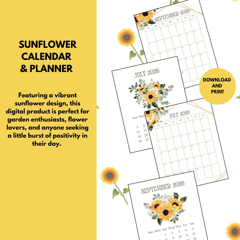 2026 Printable Sunflower Calendar & Planner | Daily and Weekly Planners ...