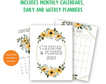 2024 Printable Calendar & Planner Bundle, Sunflower Daily and Weekly ...