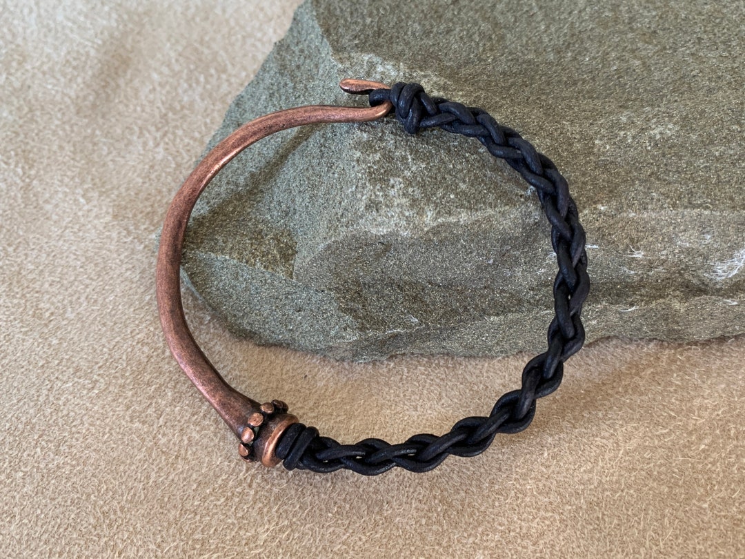 Antique Copper Half Cuff Bracelet, Braided Black Leather - Etsy