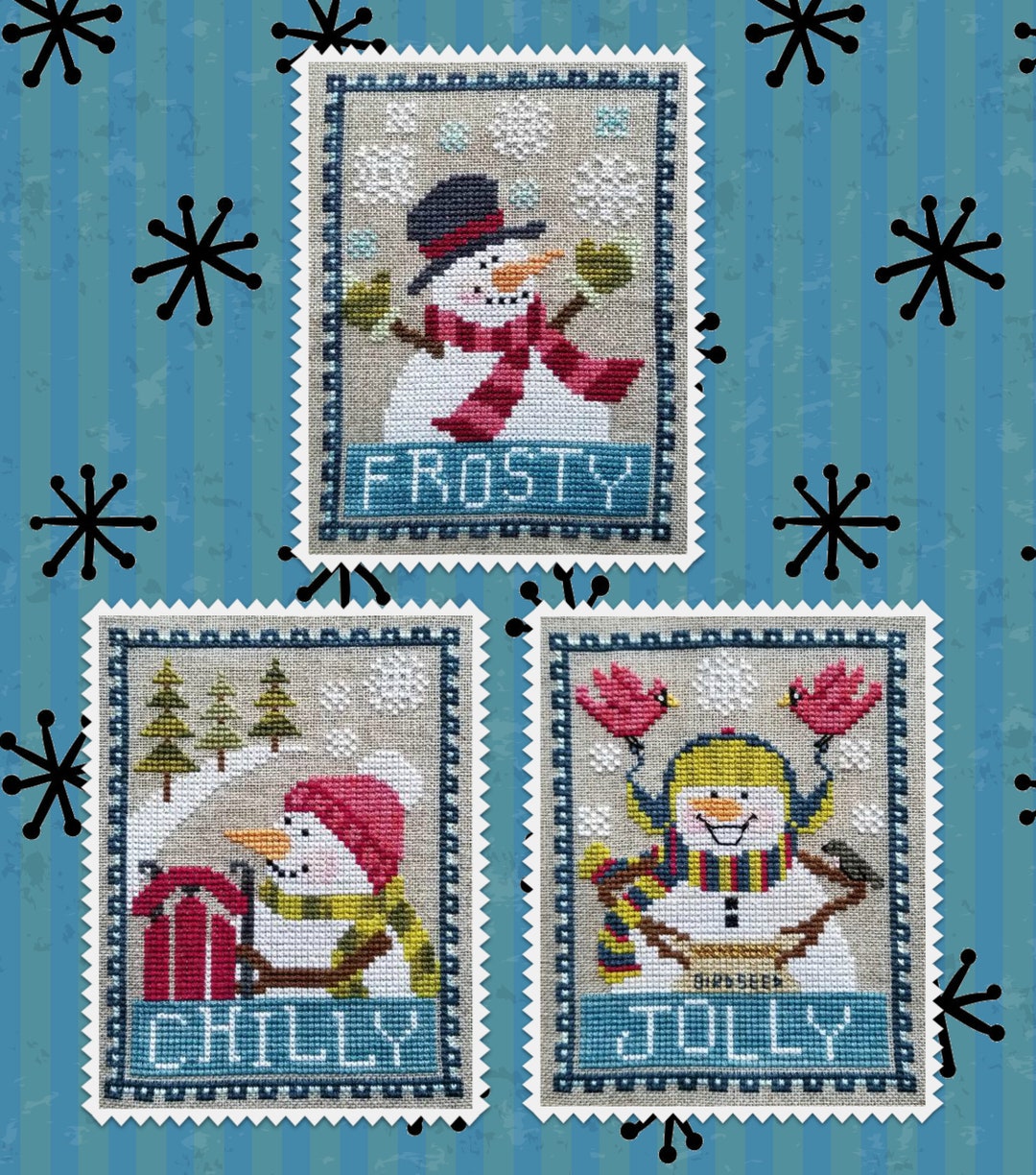 SNOWMAN TRIO Counted Cross Stitch Pattern by Waxing Moon; Quick to ...