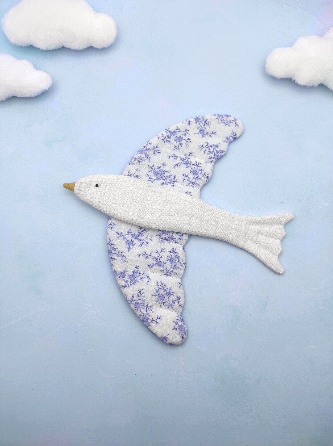Decorative Hanging Bird Made of Linen and Double Gauze Fabric in a Blue ...