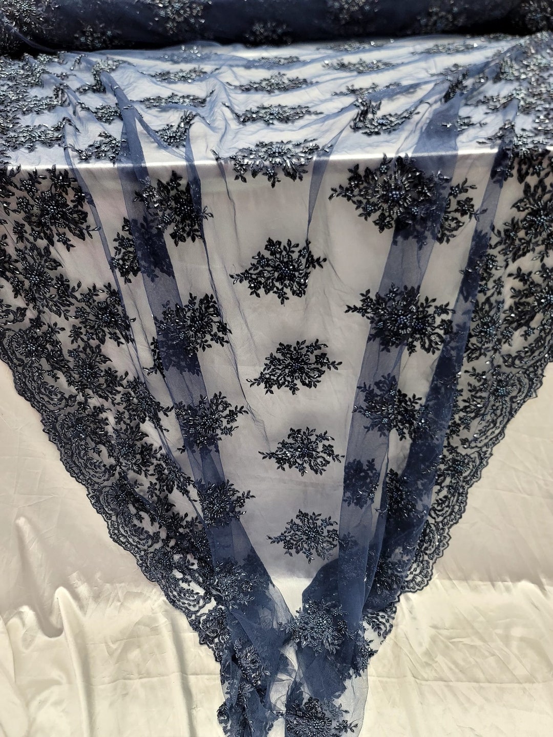 Navy Blue Beaded Lace Embroidery Floral Flowers Fabric by the Yard ...