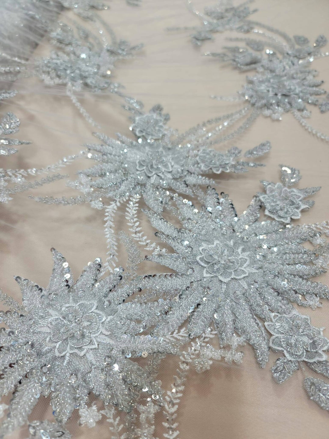 White and Silver Hand Beaded Lace 3d Floral Flowers Embroidered Sequin ...