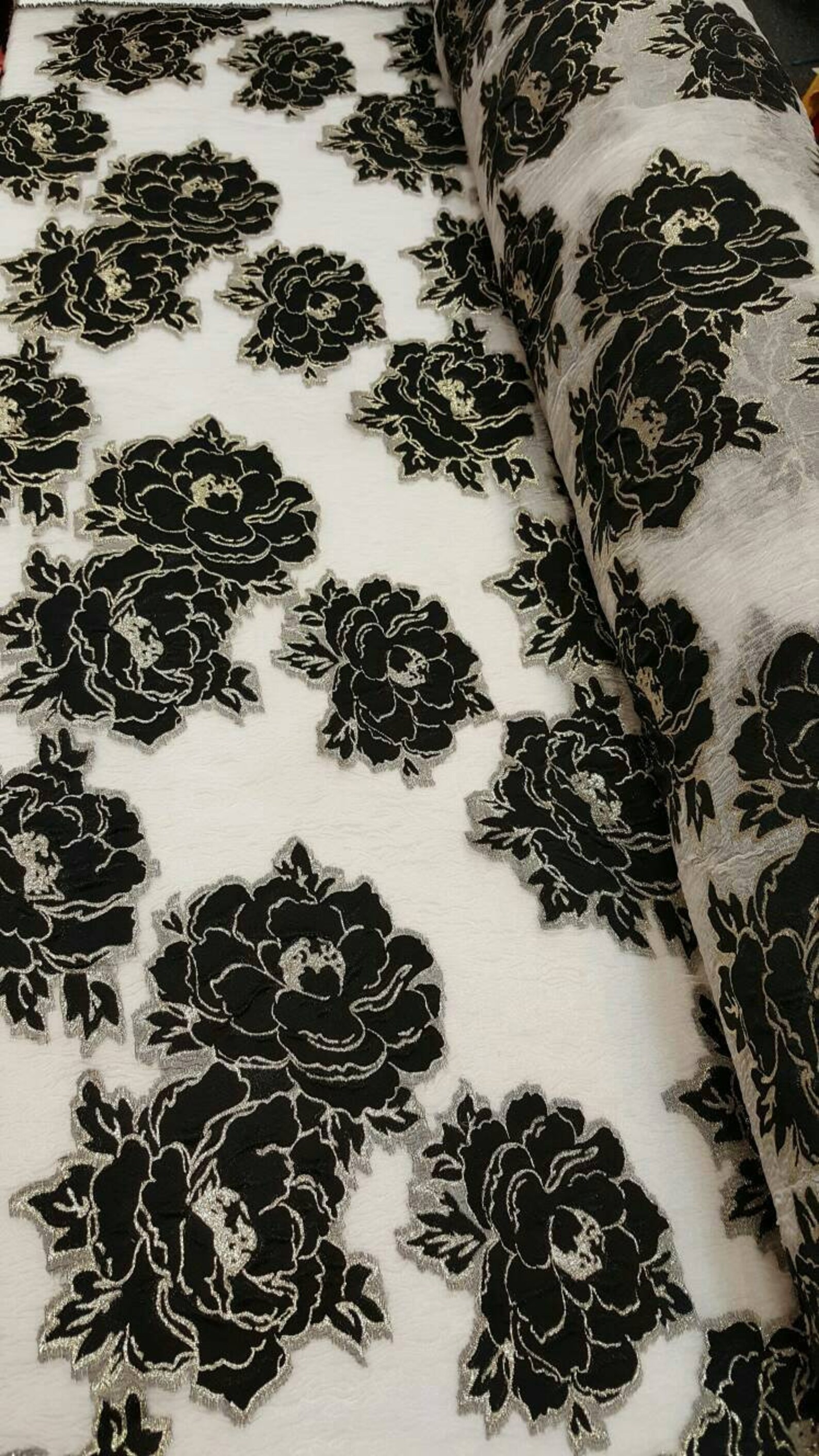 Brocade Black and Gold Floral Flowers on White Organza Prom | Etsy