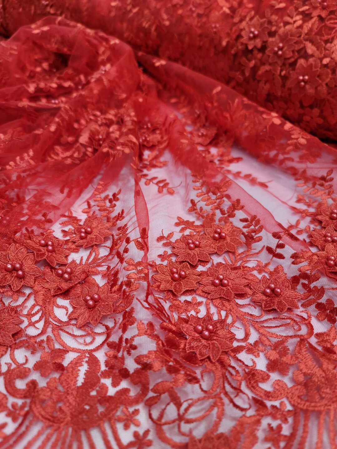 Red Beaded Lace Fabric 3d Floral Flowers Embroidered Pearls on Mesh ...