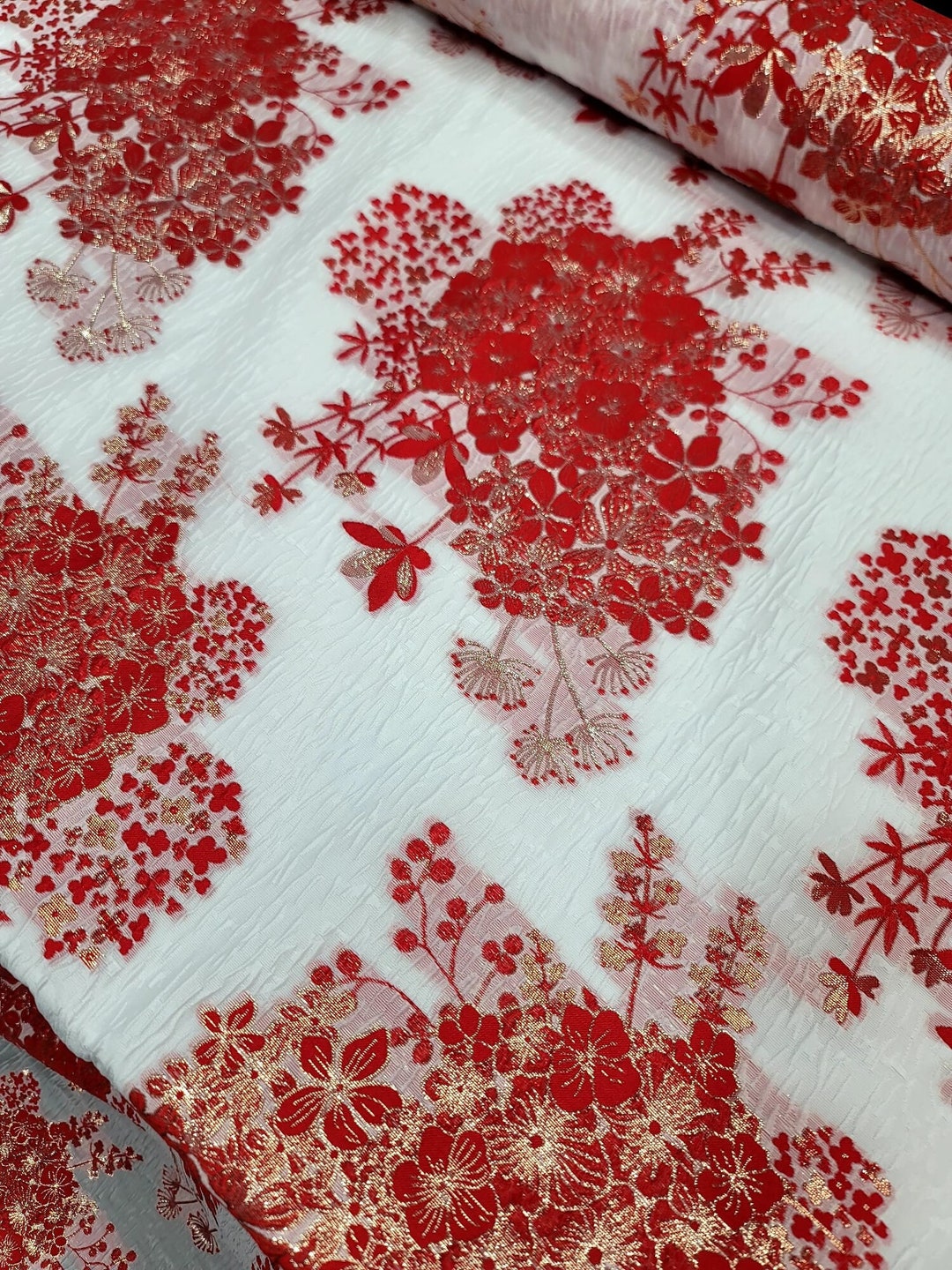 Red Floral Brocade Fabric Sold by the Yard Embossed Flowers on White ...