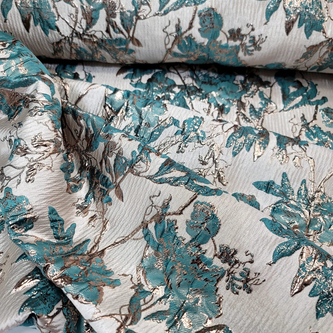 Teal Rose Gold Floral Brocade Beige Background Jacquard Fabric by the ...