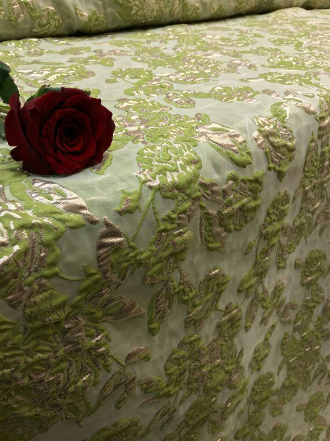 Neon Green Brocade Jacquard Fabric Sold by the Yard Gown Quinceañera ...
