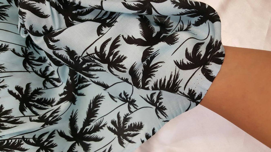 100% Rayon Challis Black Palm Tree on Baby Blue Background | Etsy