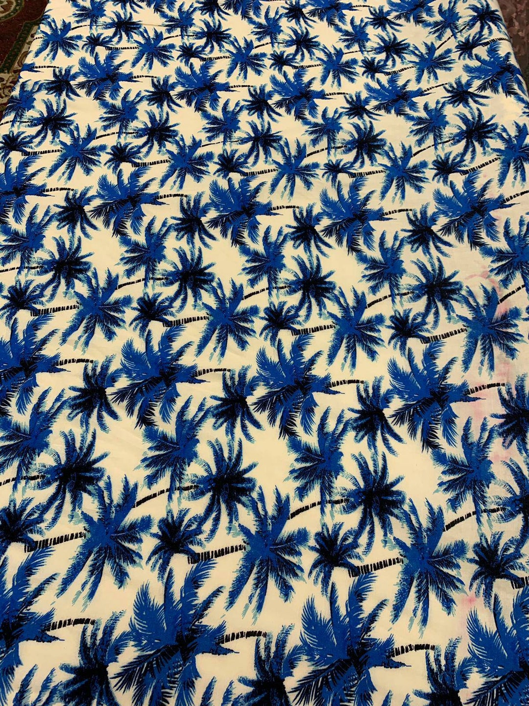 Rayon Chally With off White Background and Blue Palmtrees Tropical ...