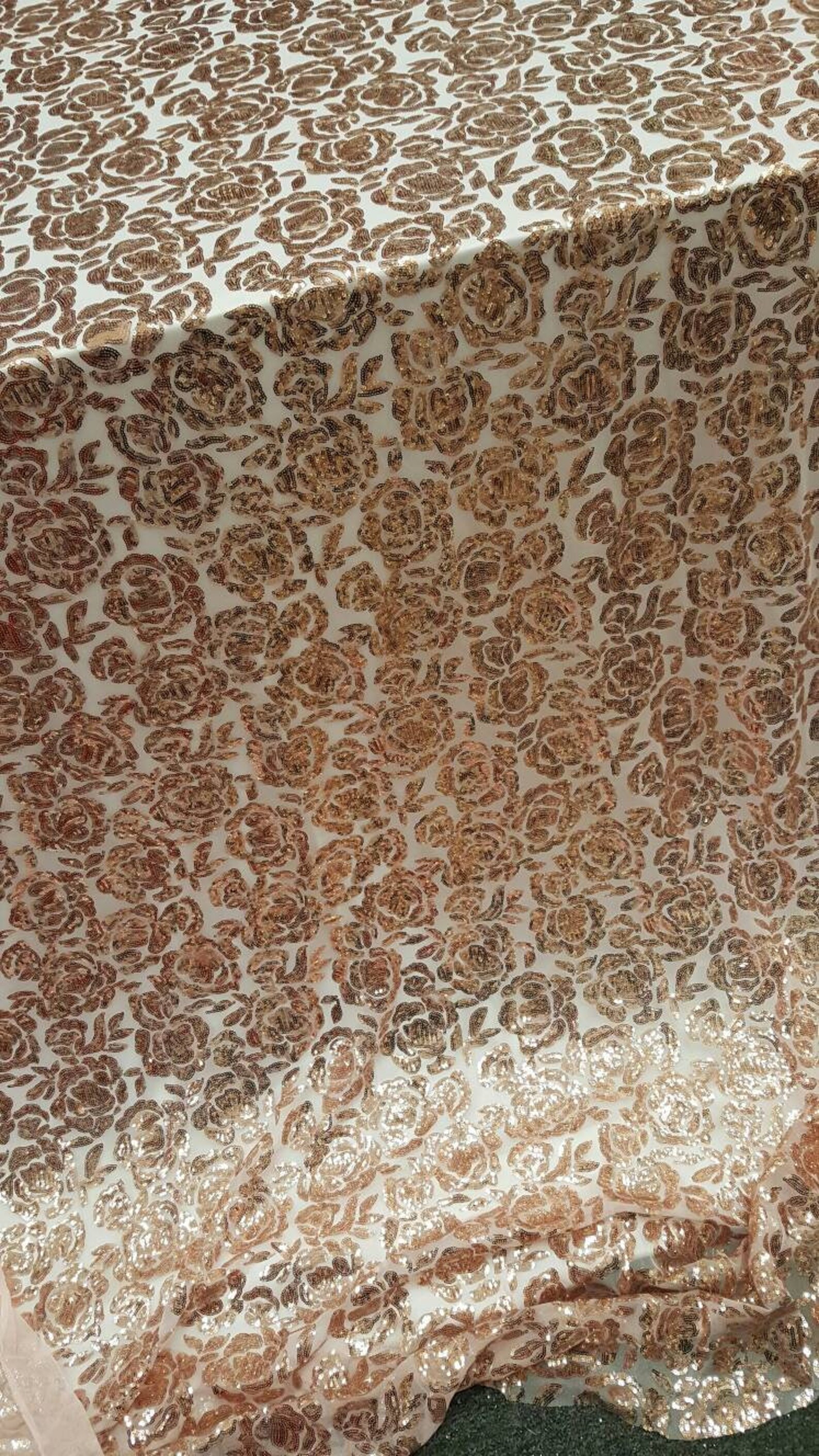 Rose gold lace fabric Roses Sequin on blush mesh 1way stretch | Etsy