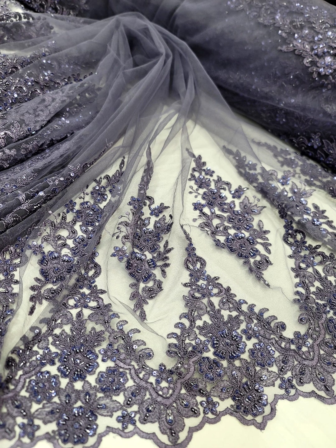 Lavender Beaded Lace Floral Flowers on Lavender Mesh Fabric Sold by the ...