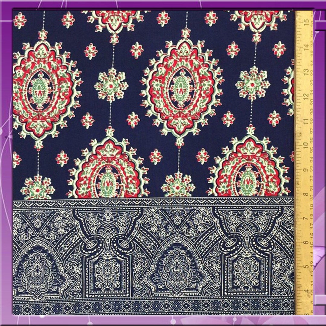 100% Japanese Rayon Challis Two Border Navy Blue and Fuchsia Pink ...