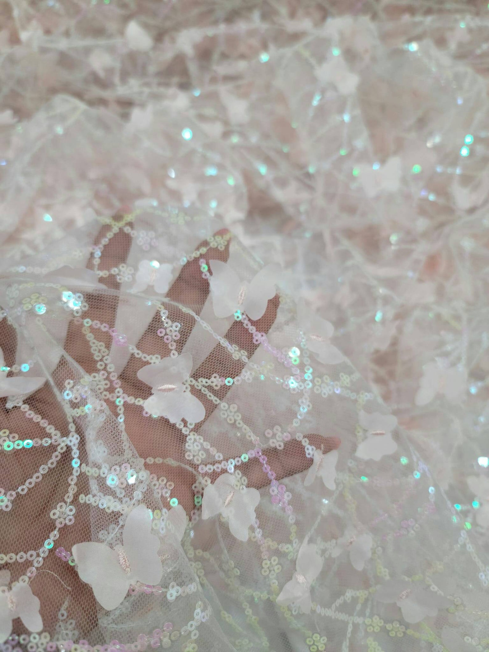 Light Pink Lace Embroidery 3d Butterflies Iridescent Sequin on Mesh ...