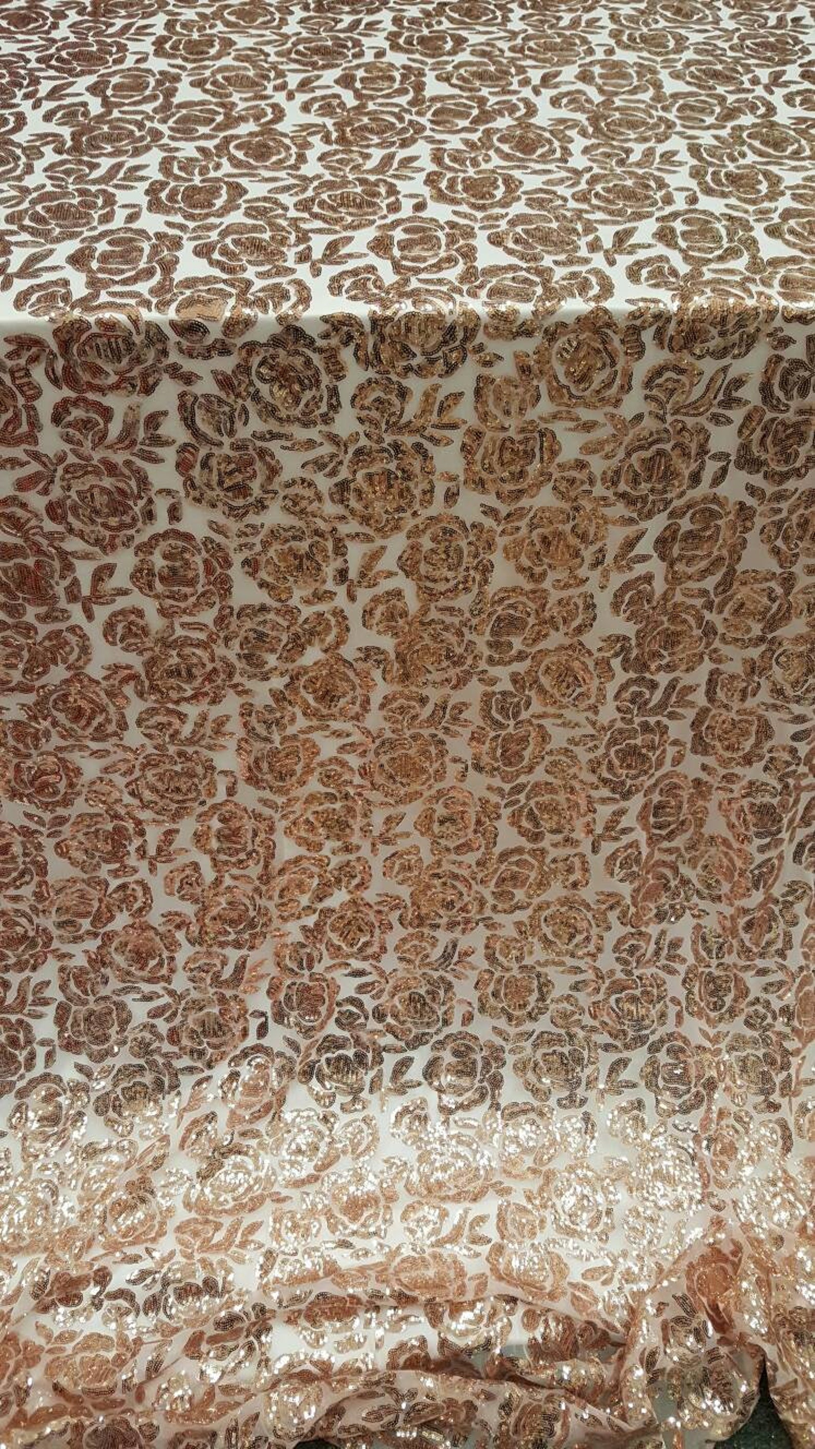 Rose gold lace fabric Roses Sequin on blush mesh 1way stretch | Etsy
