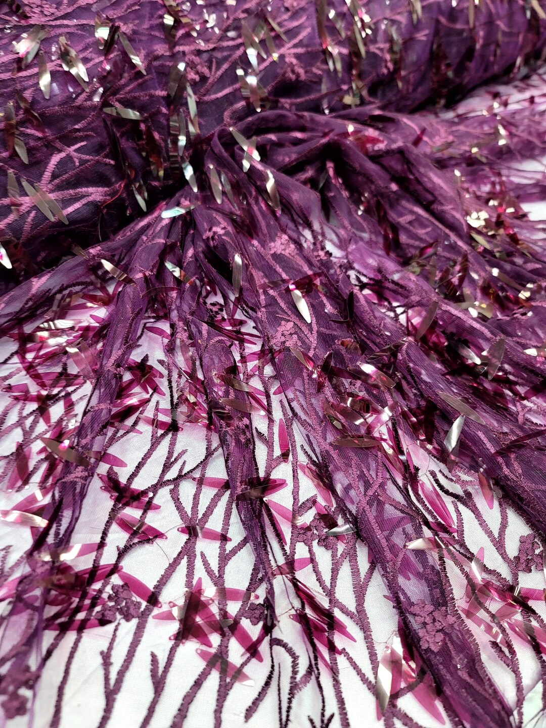 Eggplant Embroidered Lace Leaves Sequin on Mesh Prom Fabric Sold by the ...