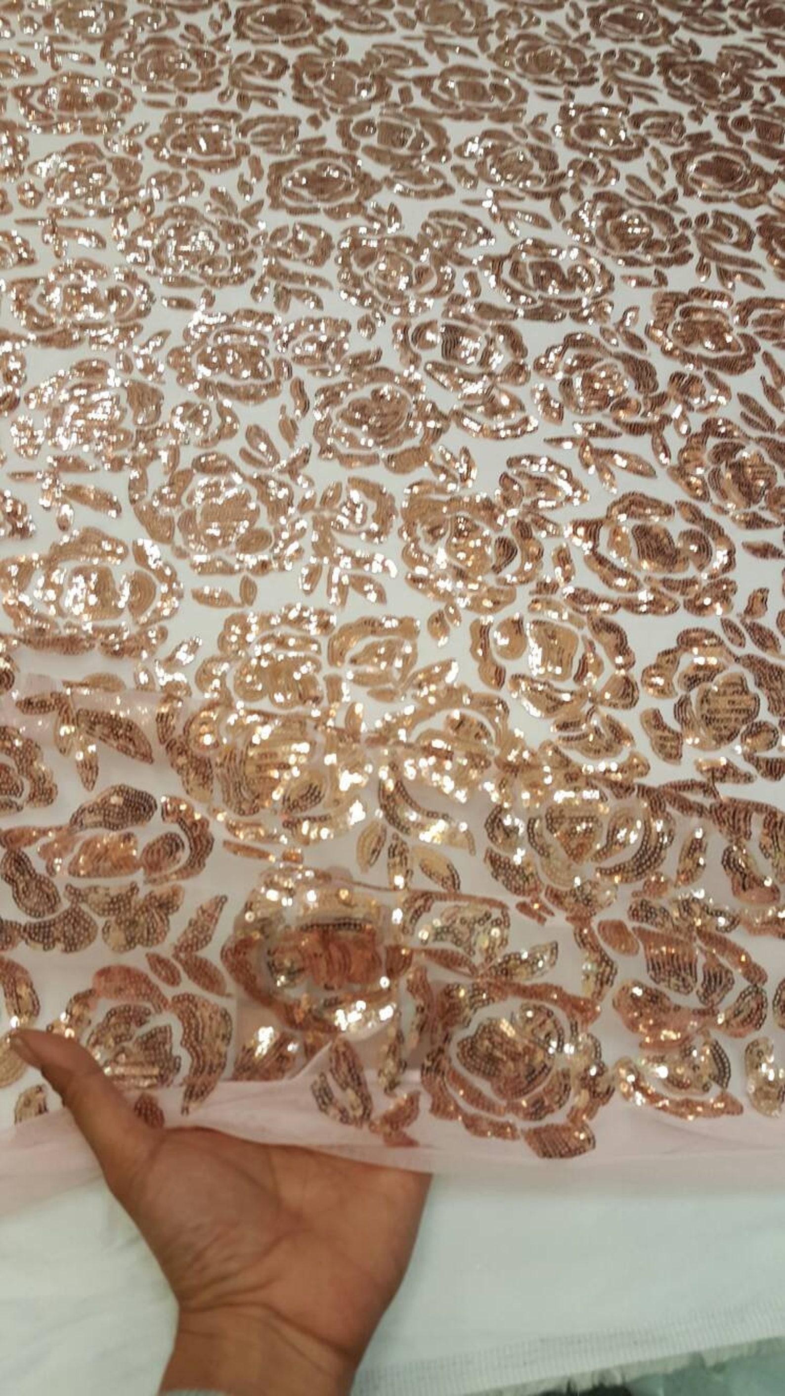 Rose Gold Lace Fabric Roses Sequin on Blush Mesh 1way Stretch | Etsy