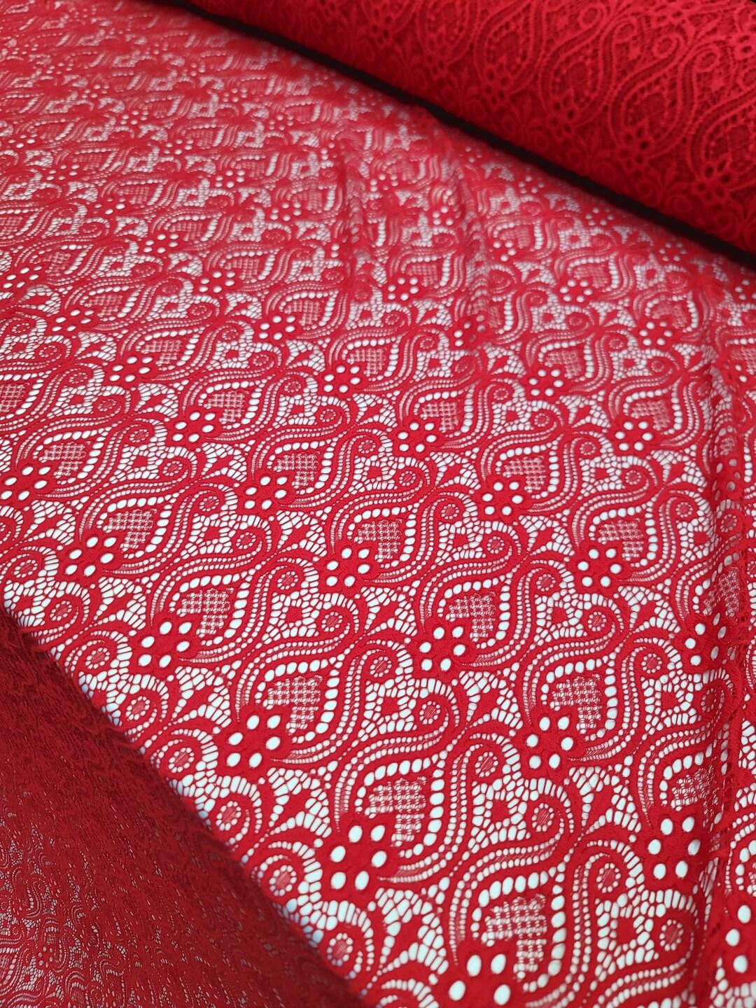 Red Embroidered Stretch Lace Floral Flowers Damask Prom Fabric Sold by ...