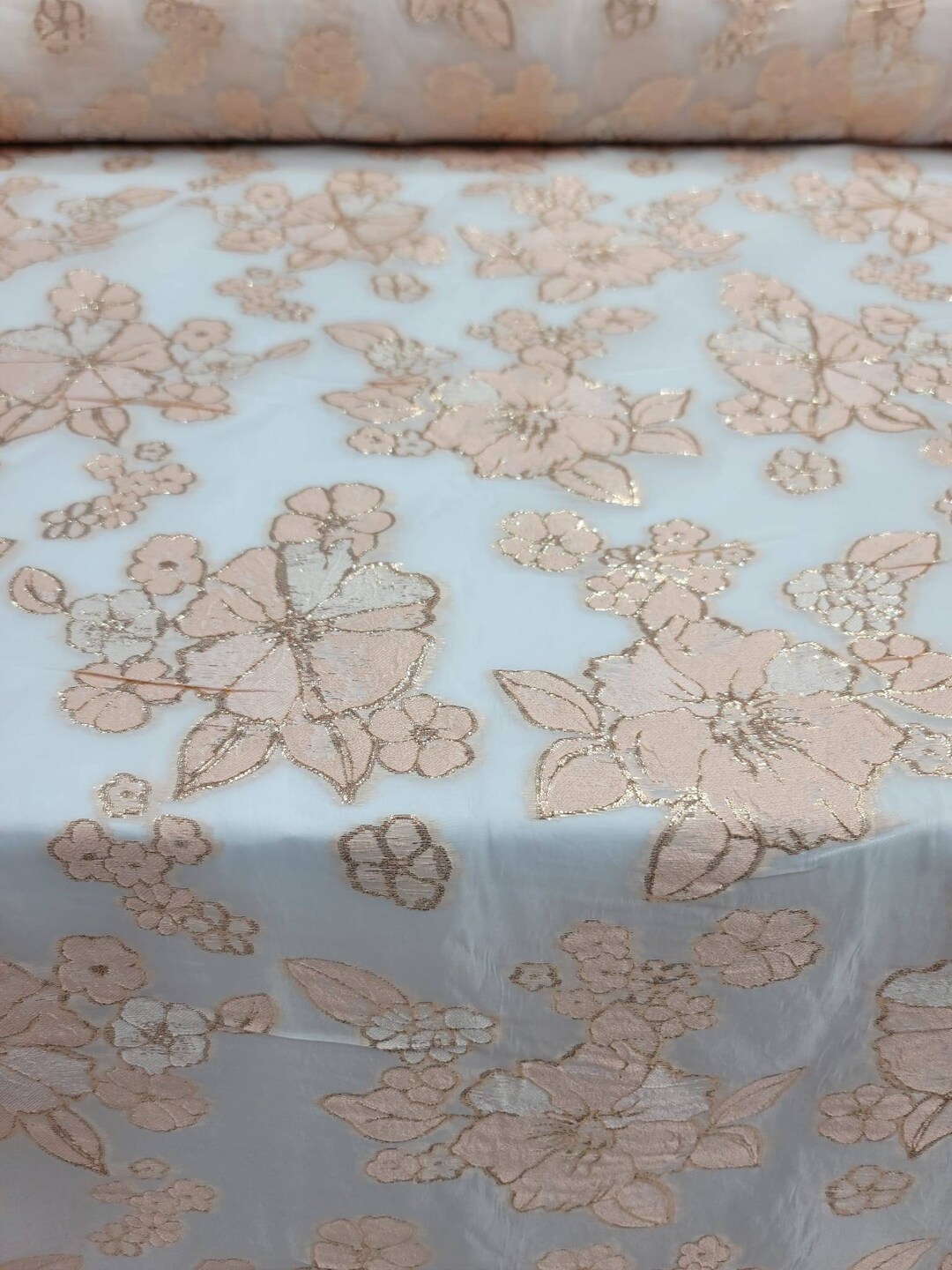 Blush Brocade Flowers Floral Metallic Gold on French Organza Prom ...