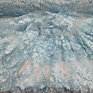 Sky Blue Lace 3d Floral Flowers Prom Fabric Sold by the Yard Gown ...
