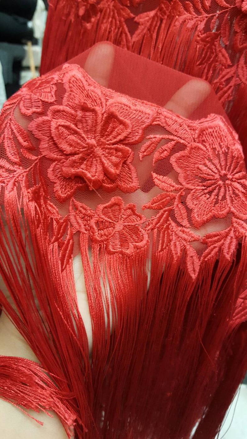 Red Embroidered Floral Lace Fabric With Fringes, 60" Wide - Etsy
